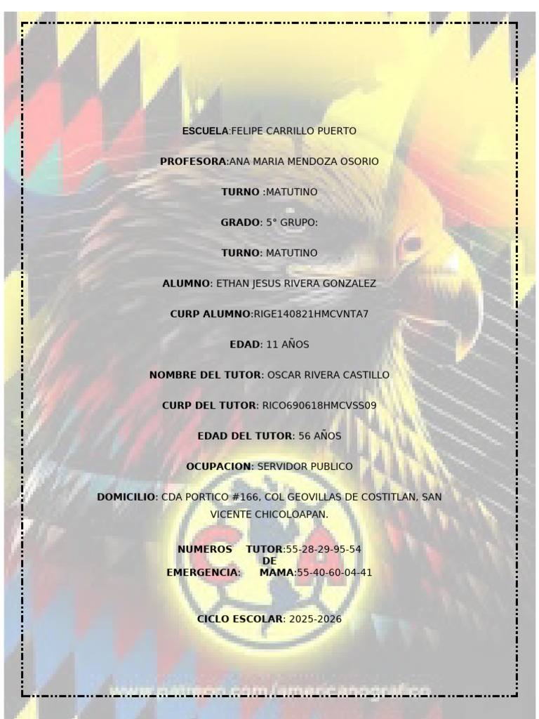 Datos del alumno Ethan Rivera 5° grado | PDF