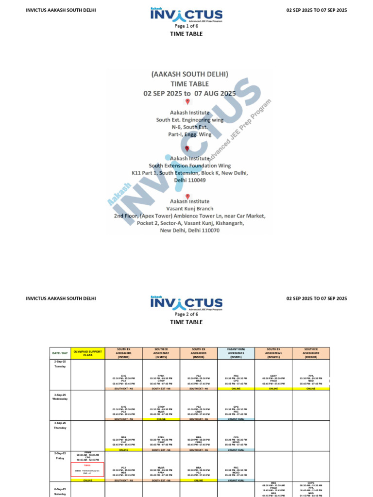 Aakash South Delhi Timetable: Sep 2025 | PDF | Standardized Tests