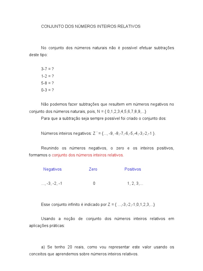 Conjunto Dos Números Inteiros Relativos | PDF | Número real | Número ...