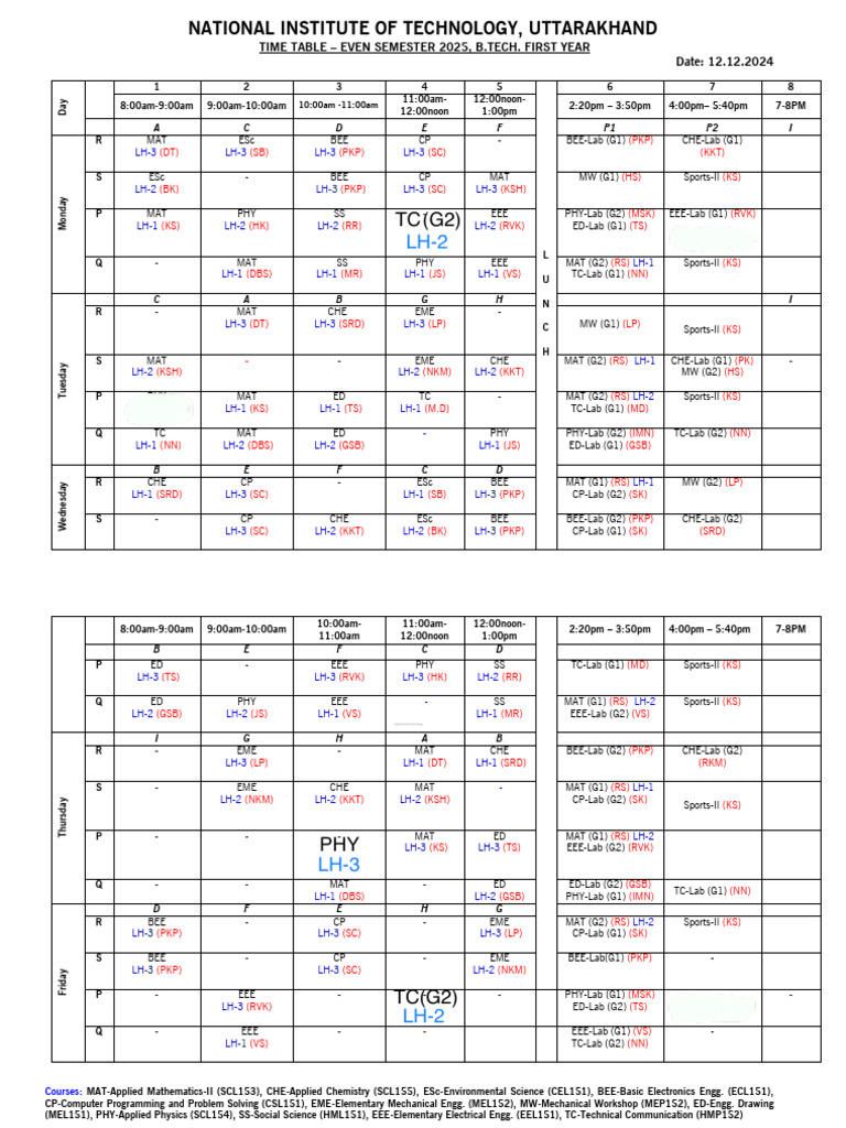 1st Year Time Table - Even 2025 | PDF