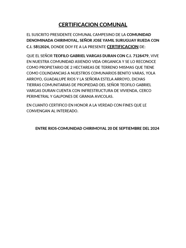 Certificación de Propiedad en Chirimo yal | PDF