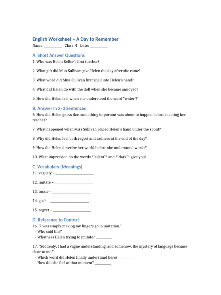 Helen Keller: A Day to Remember Worksheet | PDF