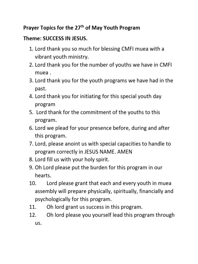 Prayer Topics For The 27th of May Youth Program | PDF | Jesus ...
