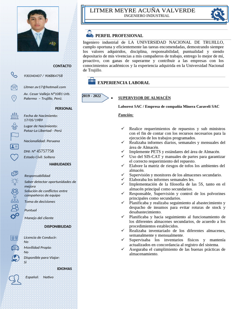 CV - Acuña Valverde Litmer M. | PDF | Logística | Almacén