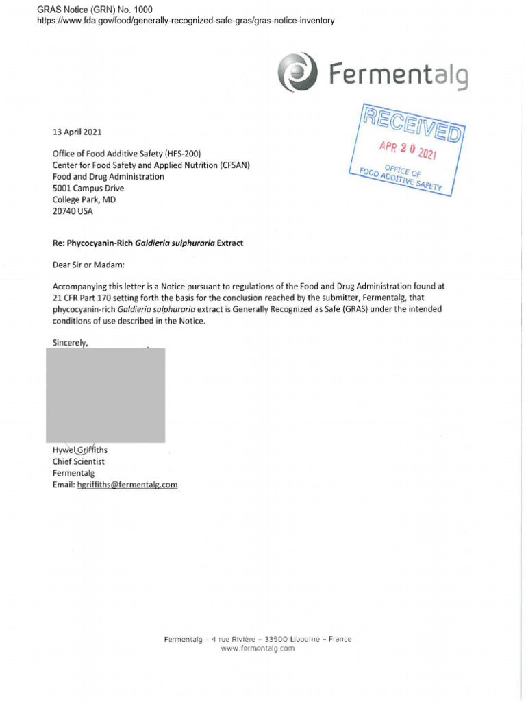 GRAS Notice GRN 1000 Phycocyanin Rich Galdieria Sulphuraria Extract ...