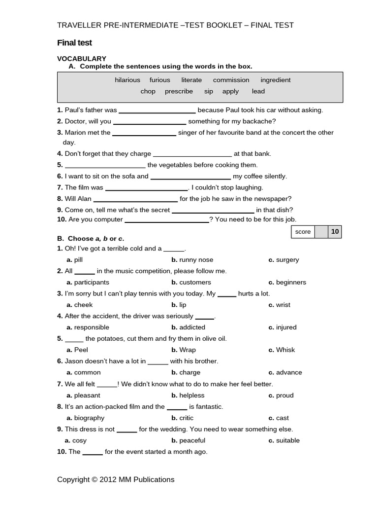 Traveller Pre-Intermediate Final Test | PDF