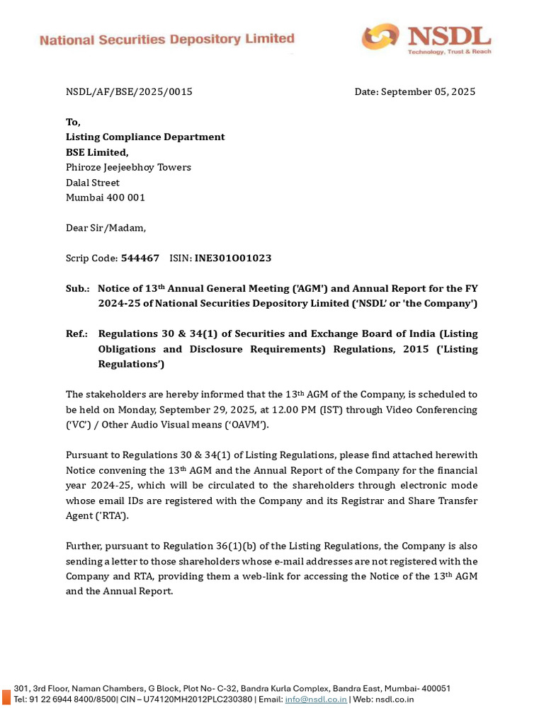 NSDL 13th AGM Notice and Annual Report | PDF | Securities (Finance ...