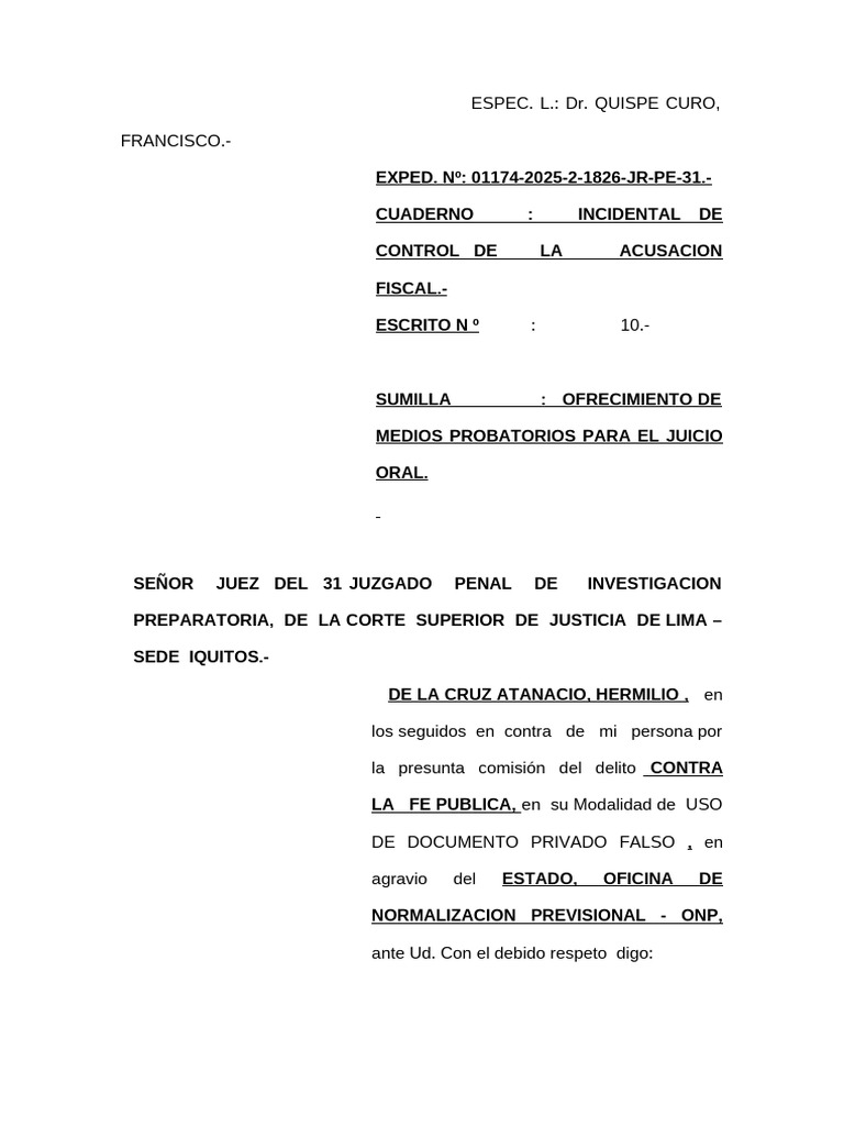 DE LA CRUZ ATANACIO, HERMILIO - Ofrezco Medios Probatorios para El ...
