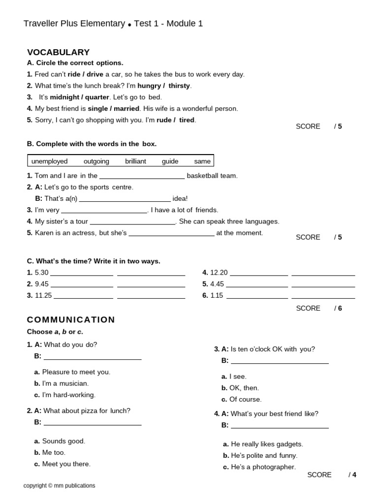 Traveller Plus Elementary Test 1 | PDF | Human Communication | Languages