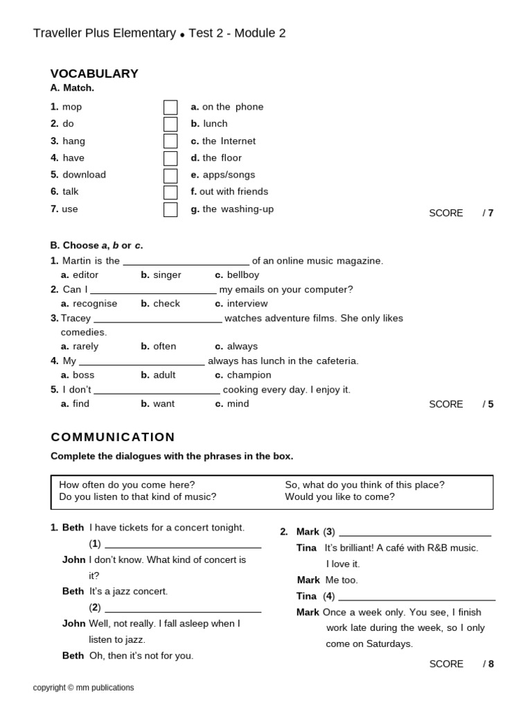 Traveller Plus Elementary Test 2 | PDF