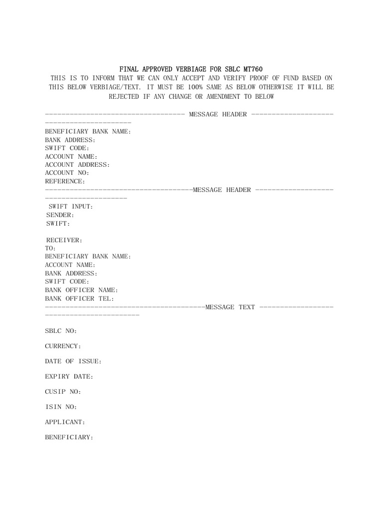 SBLC MT760 Verbiage Guidelines | PDF | Letter Of Credit | Banks