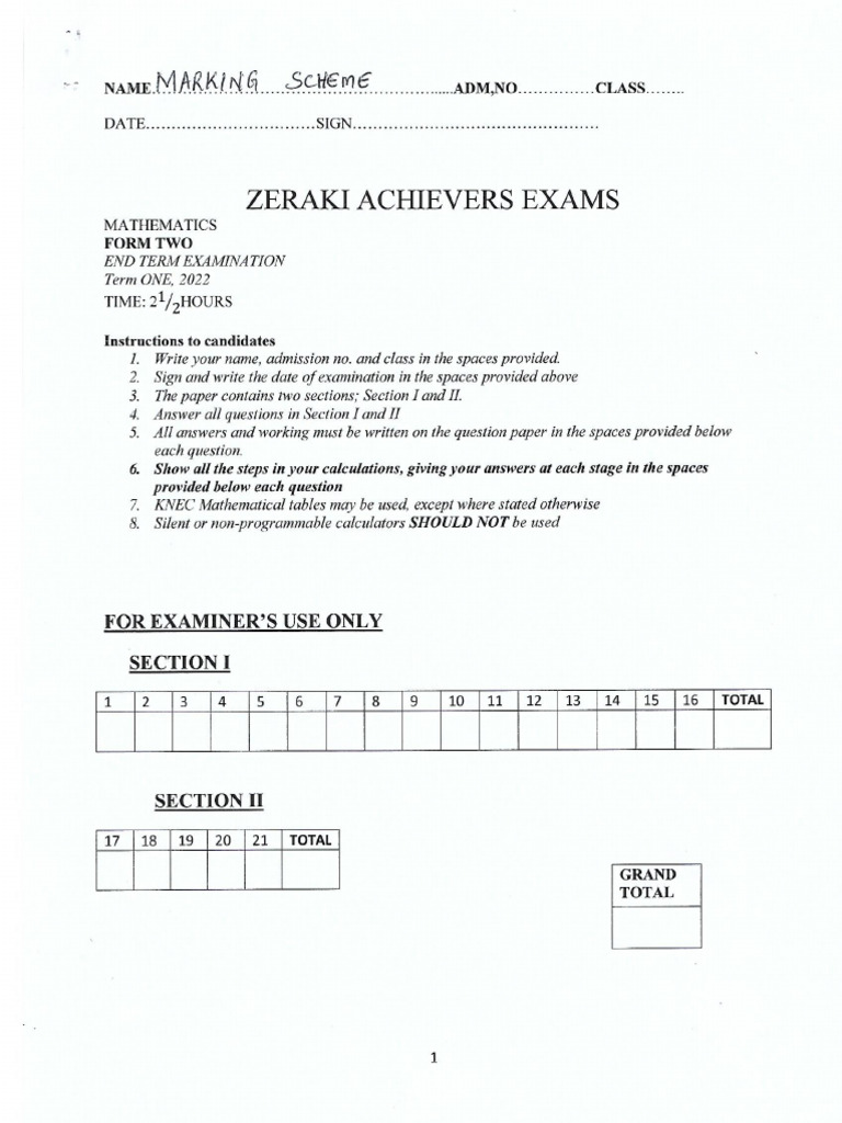 Zeraki - Mathematics Form 2 - Marking Scheme | PDF