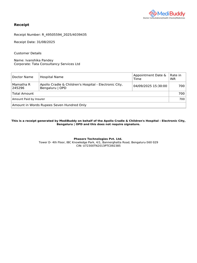 Receipt: Amount Paid by Insurer 700 | PDF