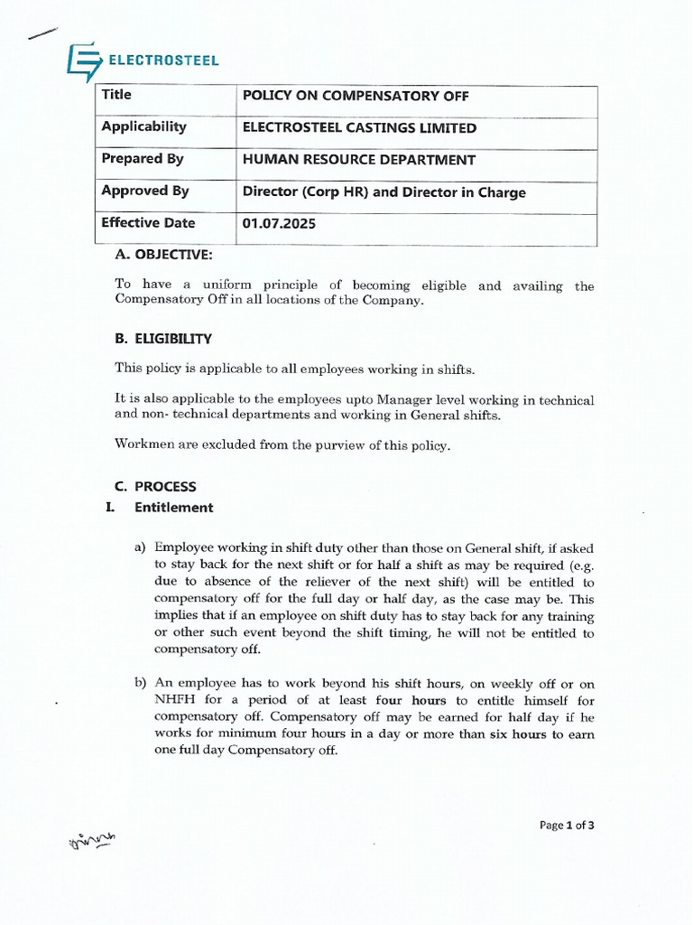 Policy On Compensatory Off | PDF