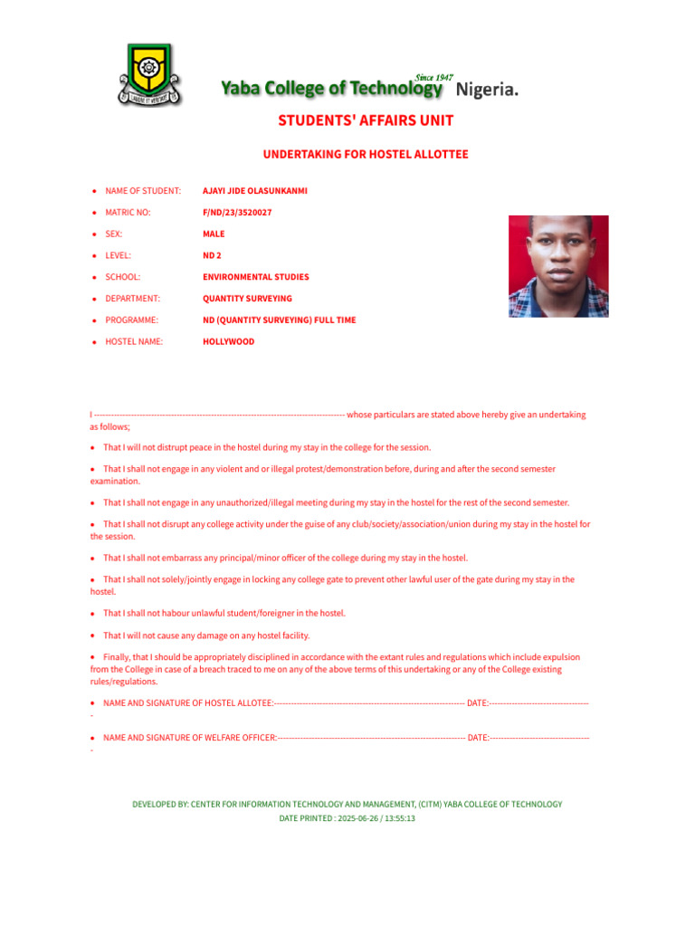 Portal - Yabatech.edu - NG Portalplus PG Print Out Hostel Undertaking | PDF