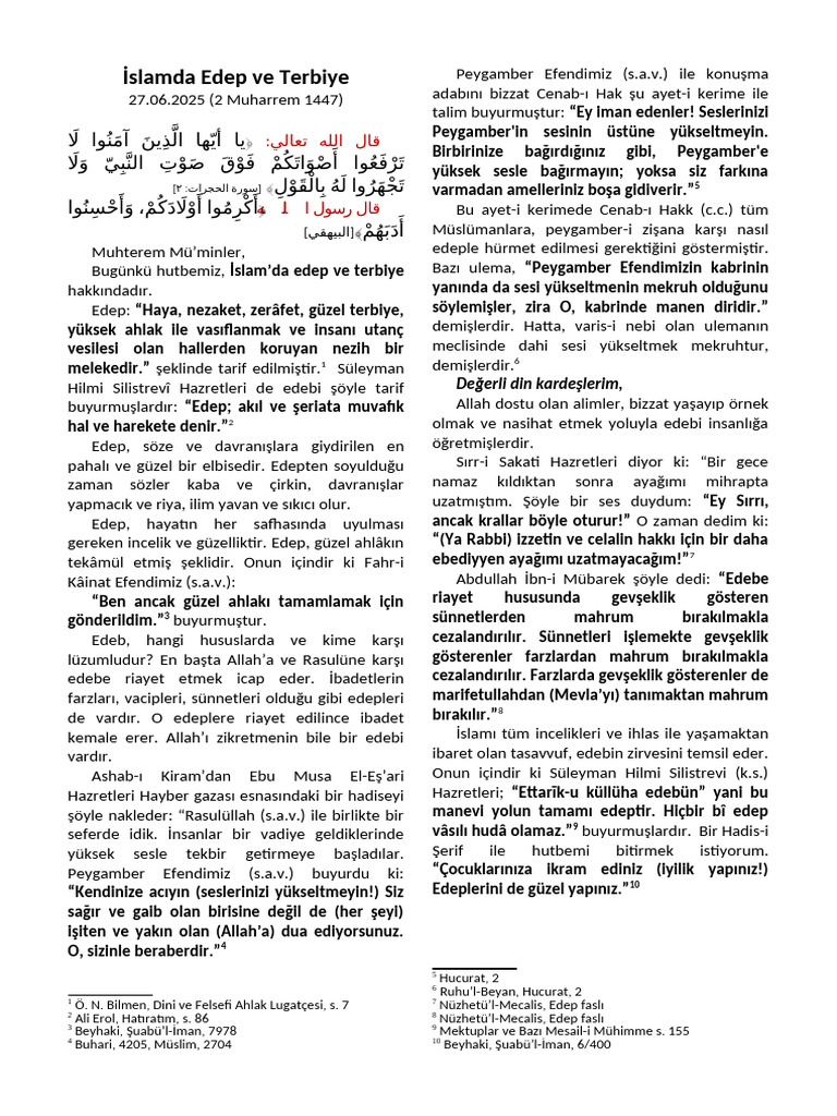 Hutbe TR 27.06.2025 İslamda Edep Ve Terbiye | PDF