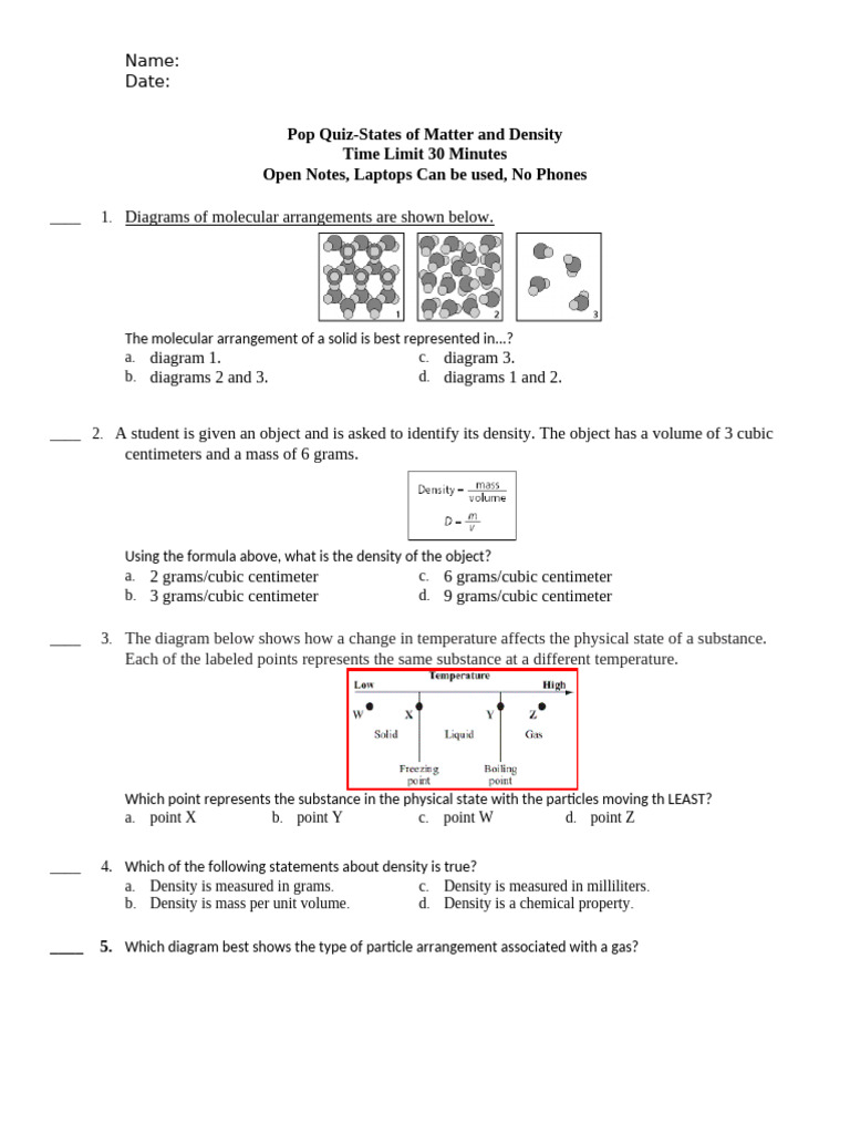 States of Matter and Density Quiz | PDF | Gases | Density