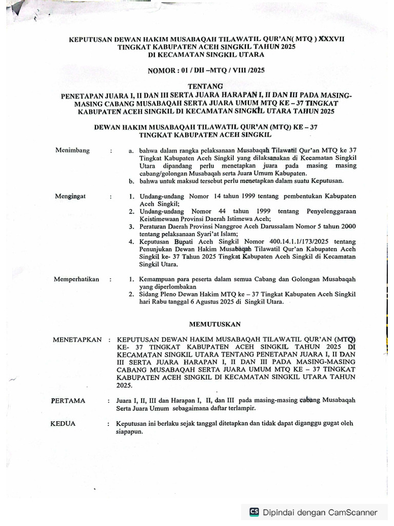 SK Juara MTQ Ke-37 Aceh Singkil 2025 | PDF