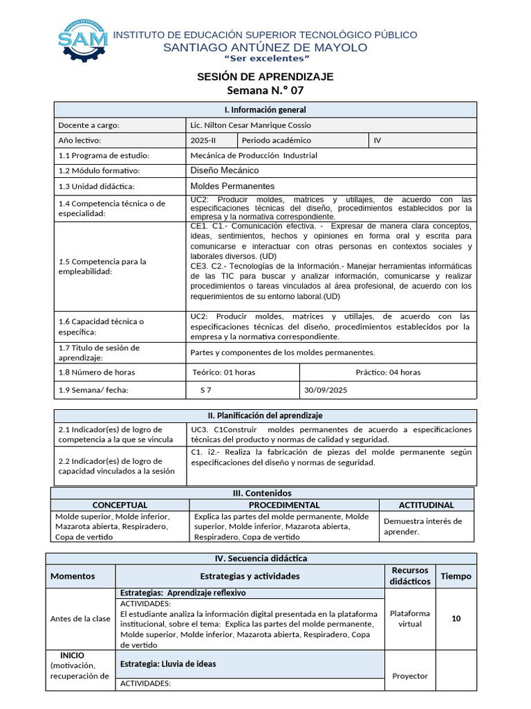 Partes de Moldes Permanentes en Diseño | PDF | Aprendizaje | Maestros