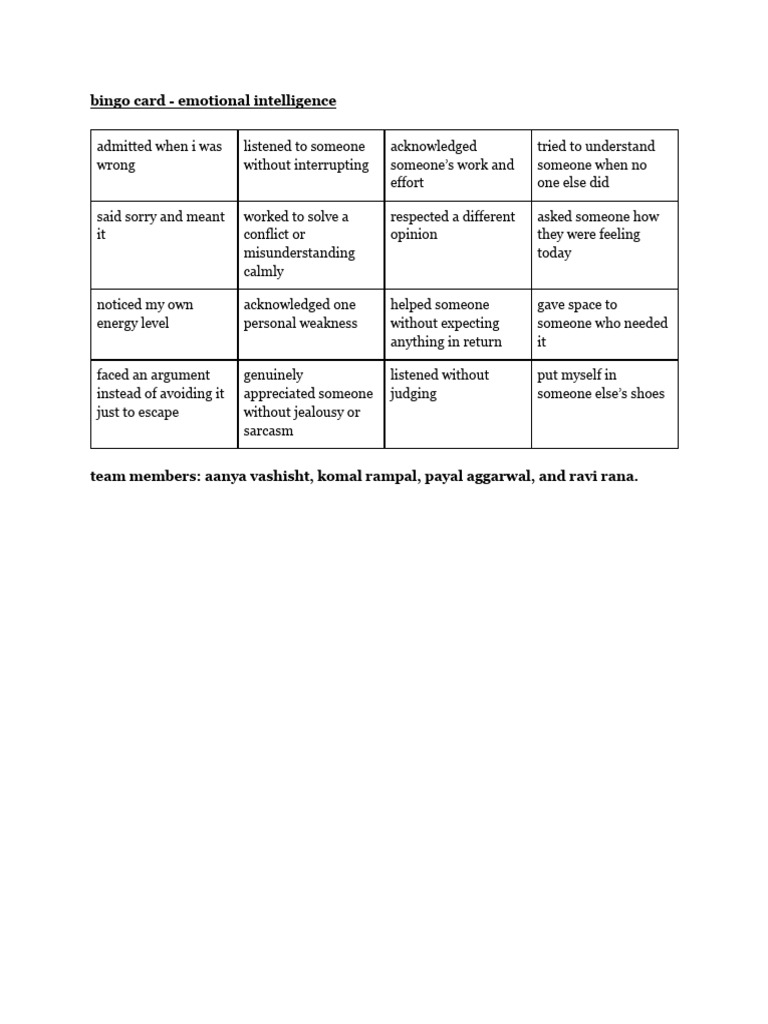 Bingo Card - Emotional Intelligence | PDF