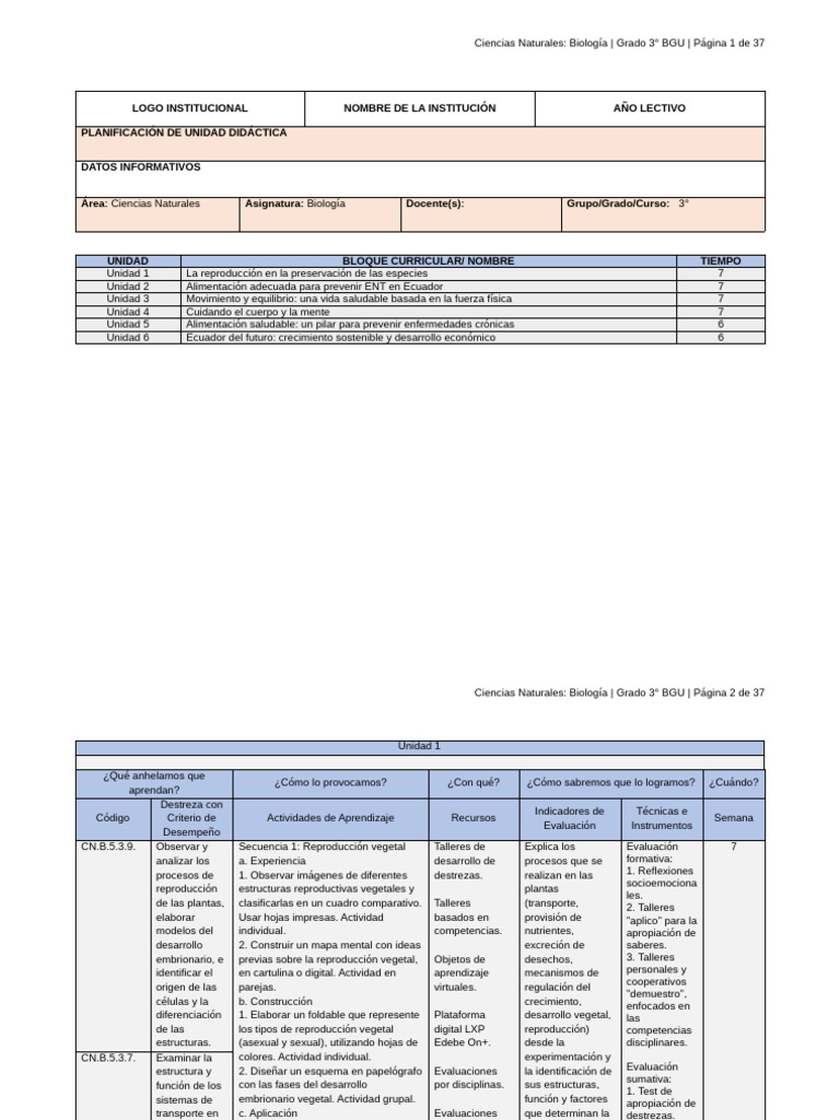 Planificación Biología 3° BGU Ecuador | PDF | Metabolismo | Aprendizaje