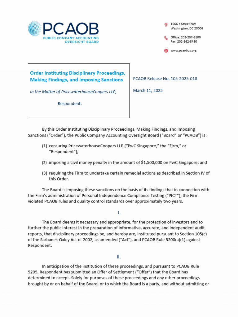 Sanksi Pcaob Kap Pricewaterhousecoopers LLP ("PWC Singapore") Tahun 2025 | PDF | Regulatory ...
