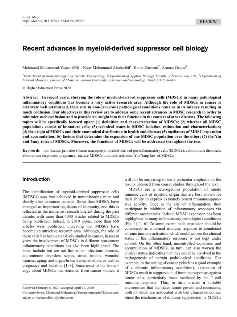 Recent Advances in Myeloid-Derived Suppressor Cell Biology | PDF | Haematopoiesis | Dendritic Cell