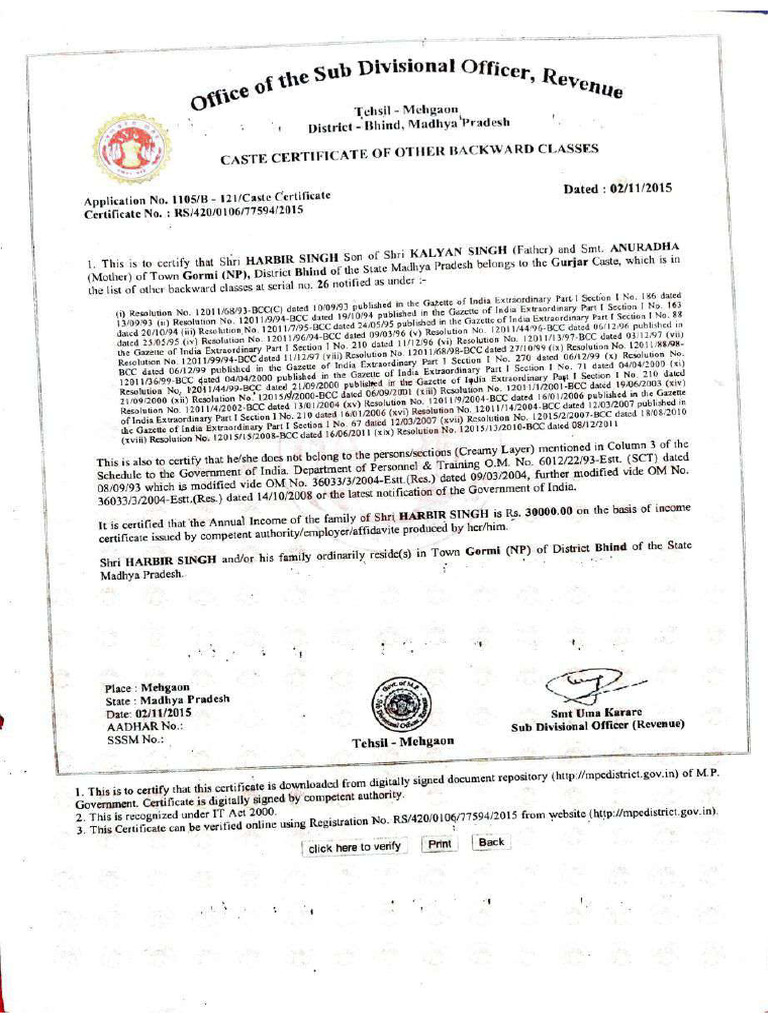 Caste Certificate | PDF