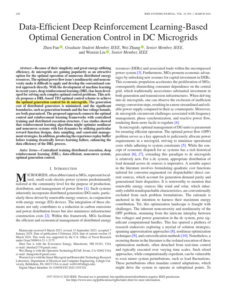 Data-Efficient Deep Reinforcement Learning-Based Optimal Generation Control in DC Microgrids ...