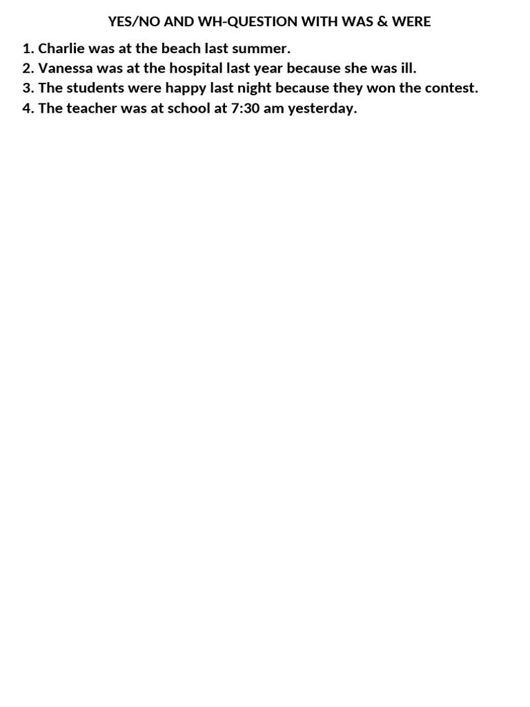 Wh-Questions Grammar Exercises Was & Were | PDF