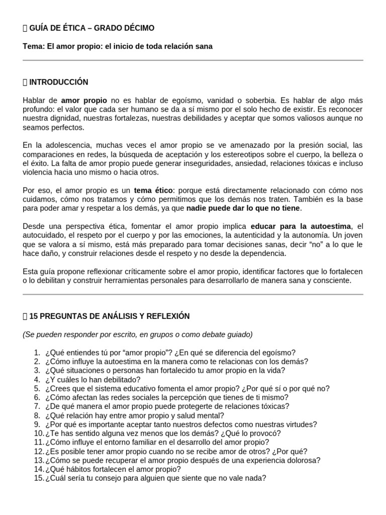 ? GUÍA DE ÉTICA Amor Propio Grado Decimo | PDF | Autoestima | Amor