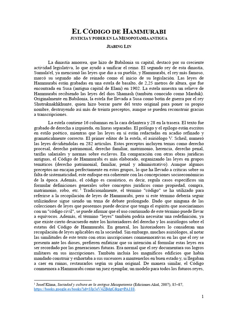 El Código de Hammurabi - Justicia y Poder en La Mesopotamia Antigua - 5 Pags | PDF | Hammurabi ...