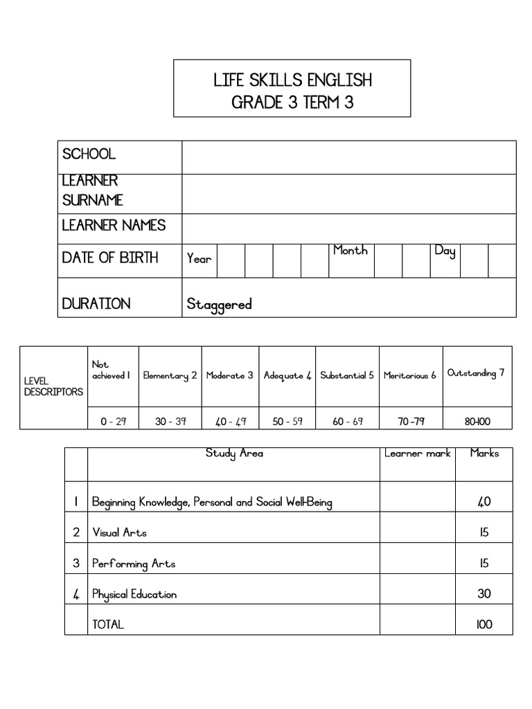 Life Skills English Term 3 Grade 3 Assessment 2024 | PDF
