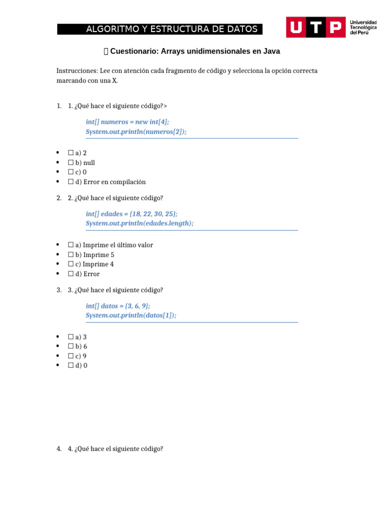 Cuestionario Arrays Java | PDF | Datos de computadora | Programación de computadoras