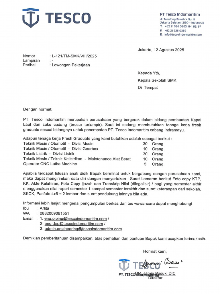 Lowongan Pekerjaan PT Tesco Indomaritim | PDF