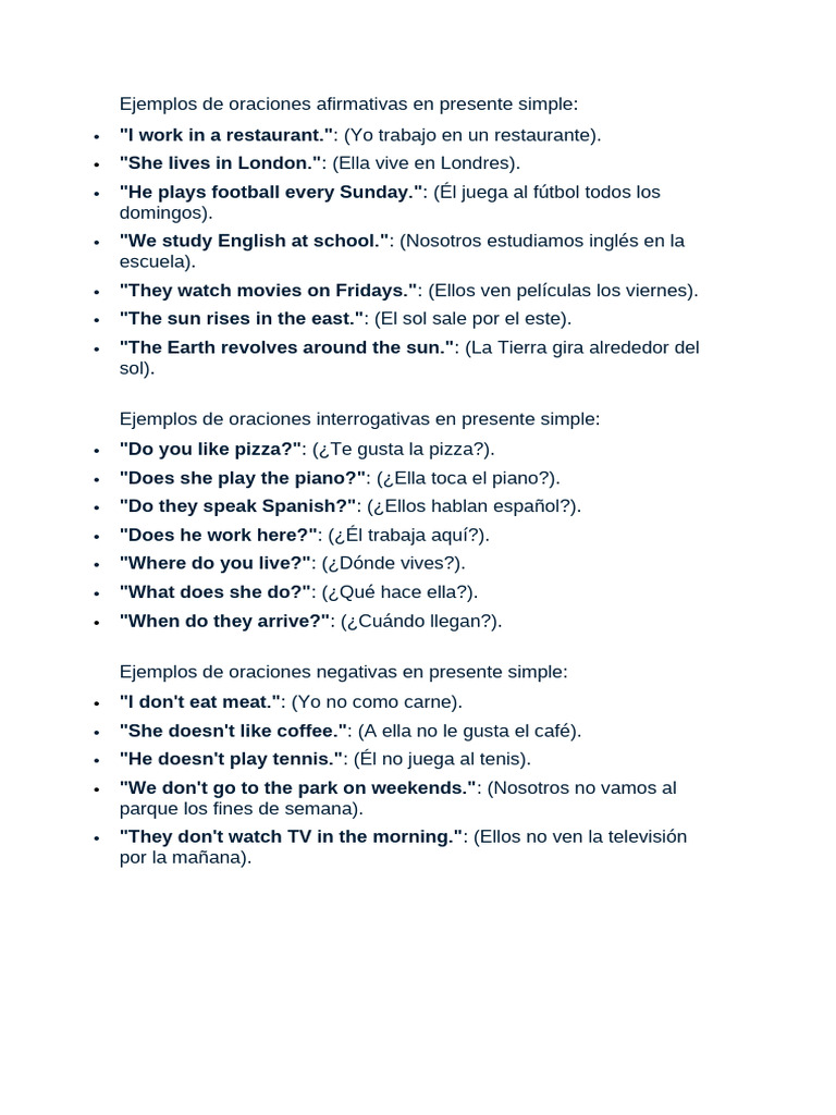 Ejemplos de oraciones en presente simple | PDF