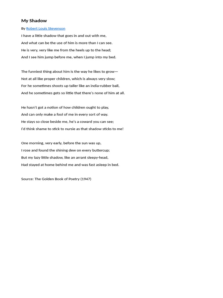 My Shadow by Stevenson - Printable Poem | PDF