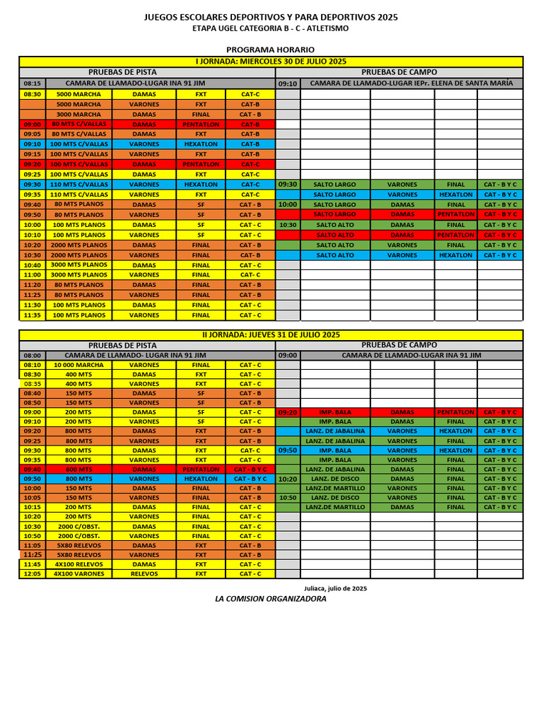 Programa Horario Atletismo Etapa Ugel San Roman Jedpa 2025 Oficial | PDF | Deporte del atletismo ...