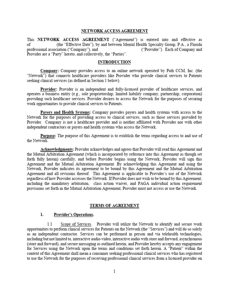 Network Access Agreement for Providers | PDF | Health Insurance ...