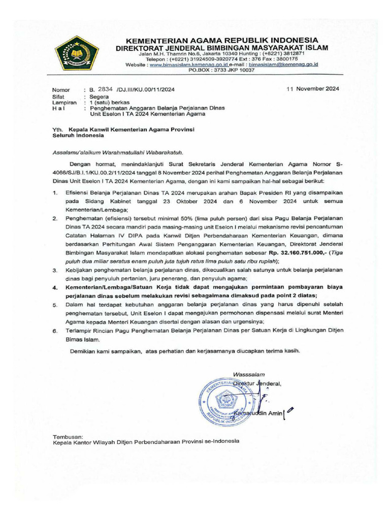 Penghematan Perjadin TA 2024 (Kanwil) | PDF