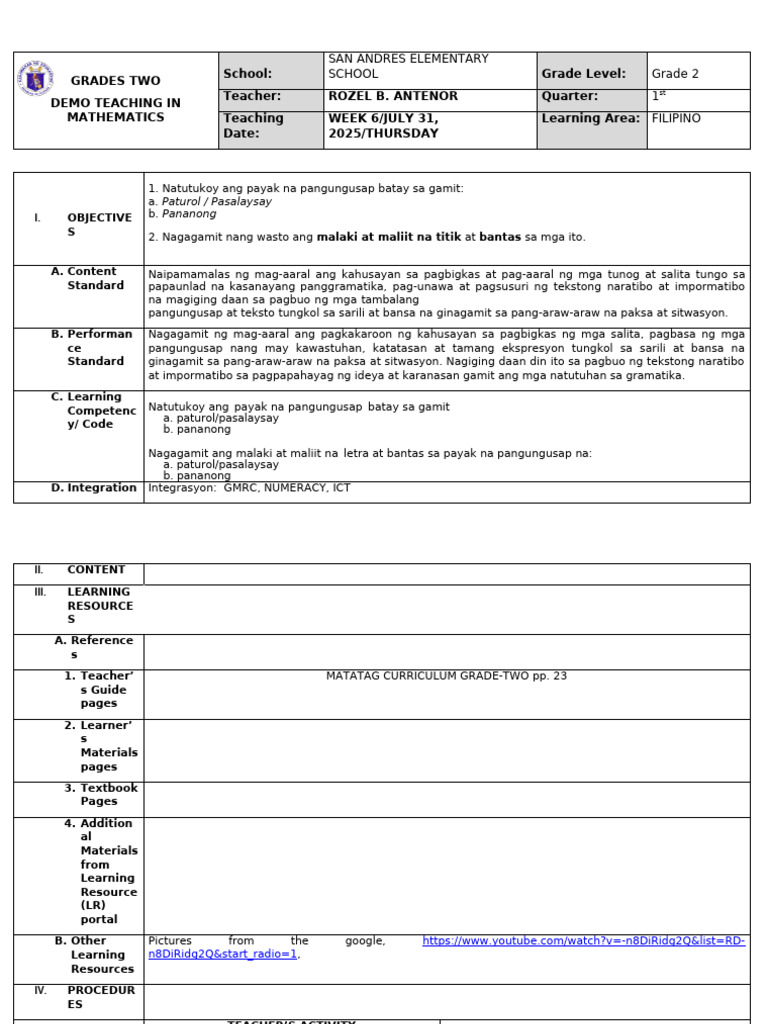Grade 2-Dlp-Fili-Week 6 | PDF