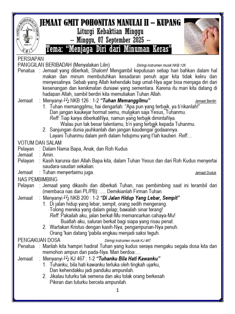 Liturgi Kebaktian 7 Sept 2025 GMIT | PDF