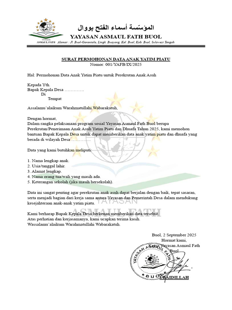 Surat Permohonan Data Anak Yatim Piatu Yayasan Asmaul Fath Buol | PDF