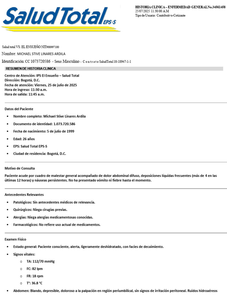 Historia Clinica - Michael Stive Linares Ardila | PDF | Diarrea ...