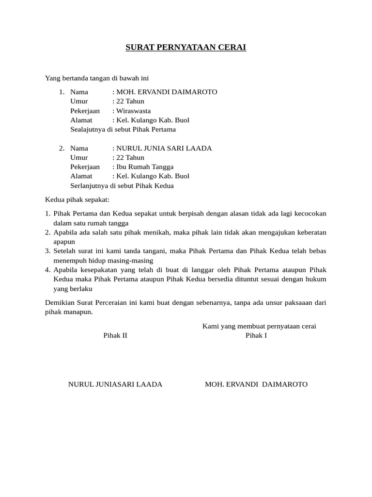 Surat Pernyataan Cerai | PDF