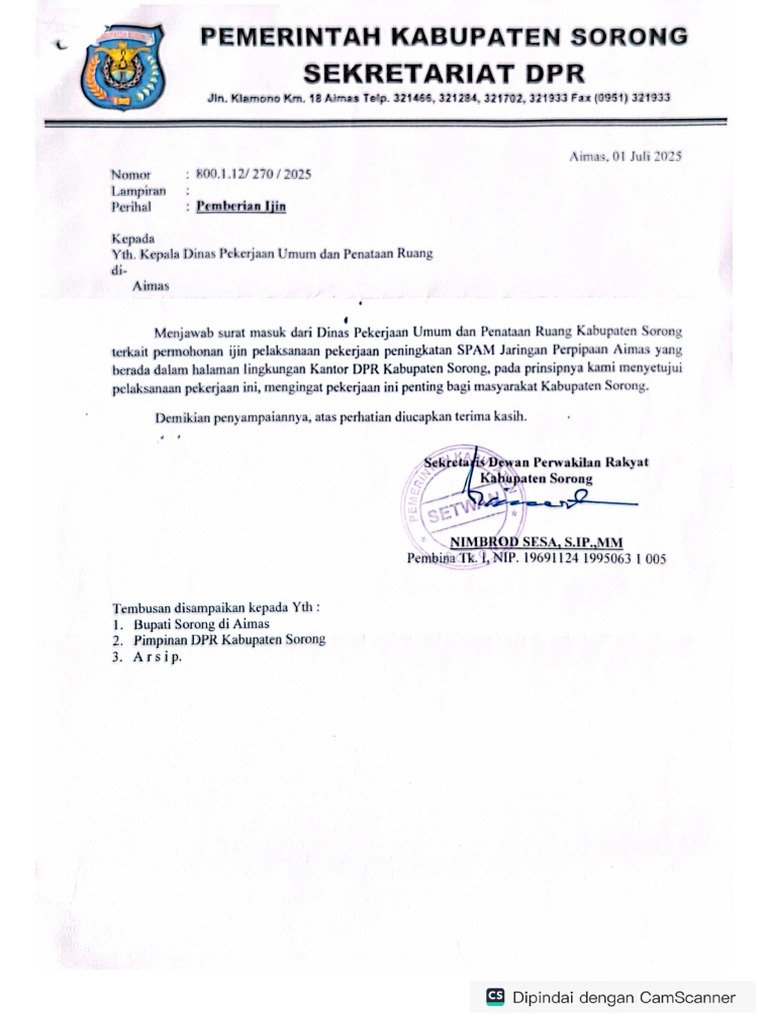 Surat Izin Proyek Dari Pu Ke DPR | PDF