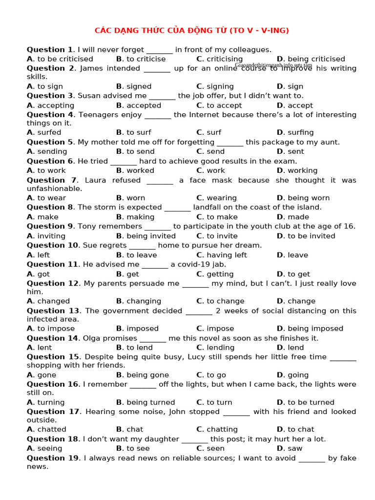 BT Ôn Thi TNTHPT Theo Tucác D NG TH C C A Đ NG T (To V - V-I | PDF