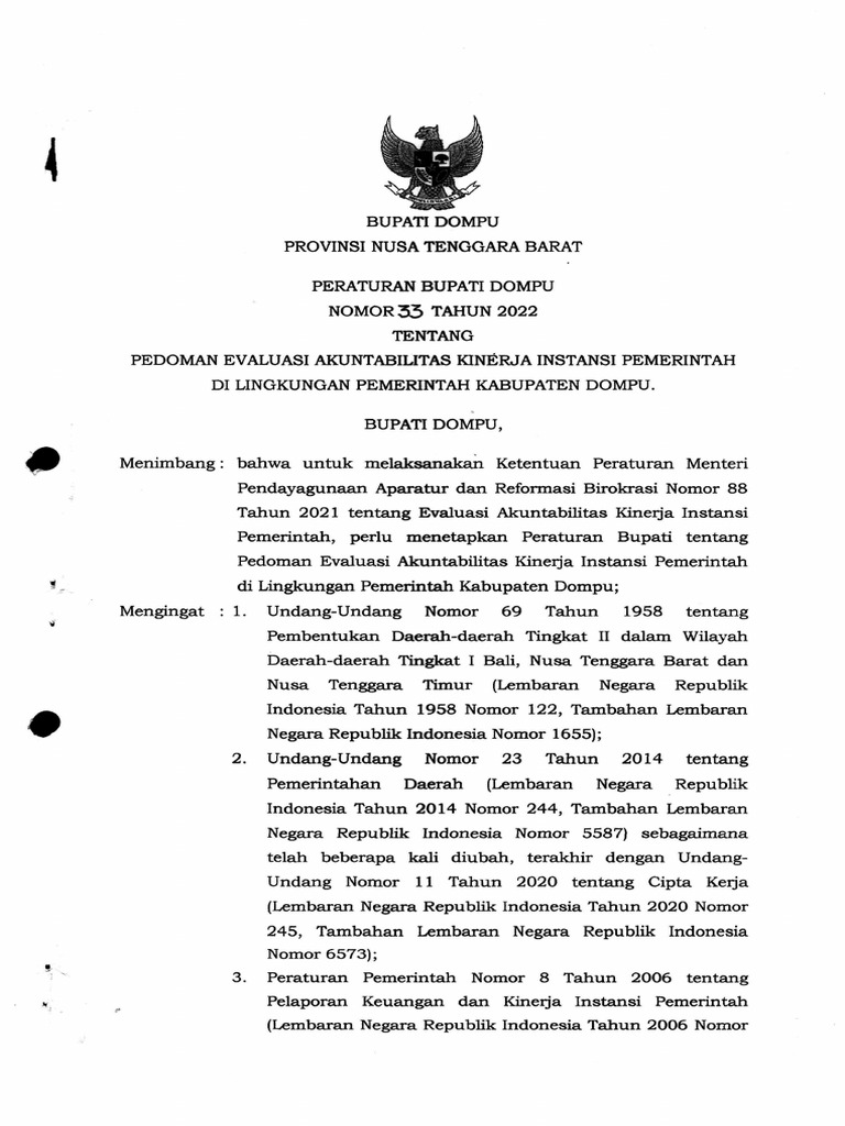 Perbup Dompu Nomor 33 Tahun 2022 - Tentang Pedoman Evaluasi AKIP | PDF