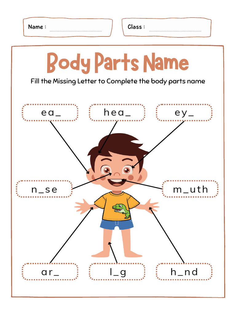 Body Parts Name Missing Letter Worksheet in White and Brown ...