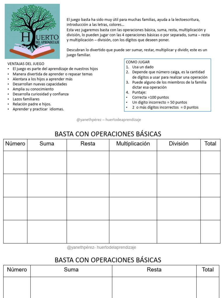 Juego Basta: Aprendiendo Operaciones | PDF